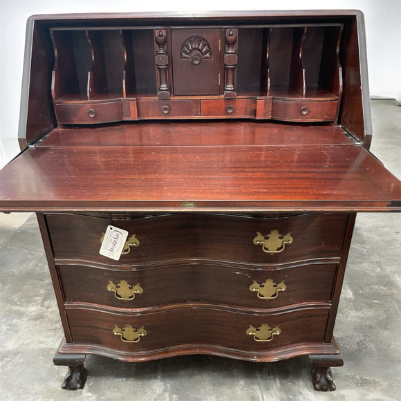 MAHOGANY FLIP FRONT DESK, 4 DRAWERS, BRASS HARDWARE – Consigners Collection